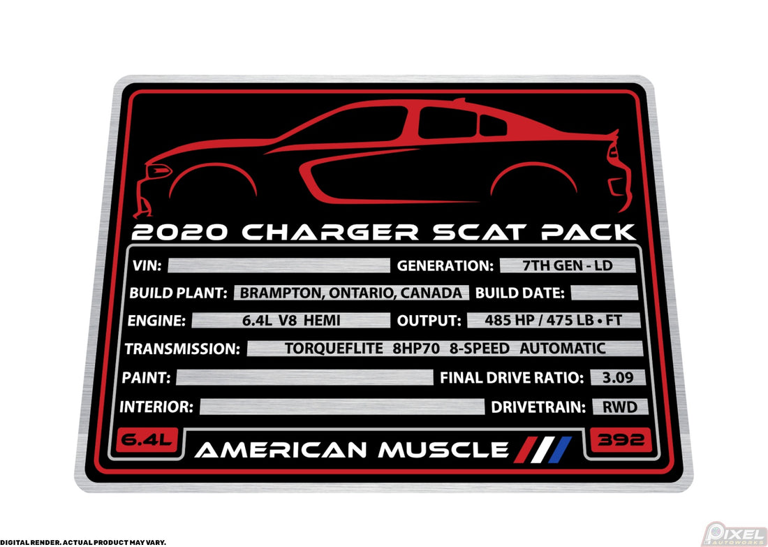 2020 DODGE CHARGER SCAT PACK Engine Bay Build Plaque – Pixel Autoworks